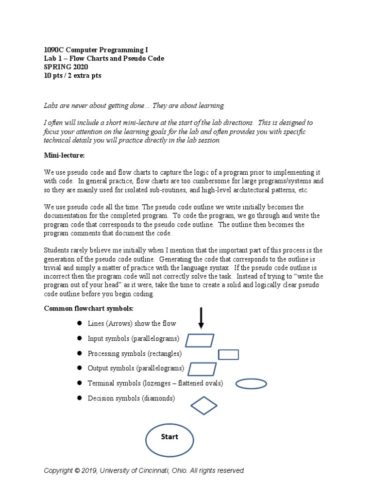 1090C Computer Programming I Lab 1 - Flow Charts and Pseudo Code SPRING 2020 10 Pts / 2 Extra ...