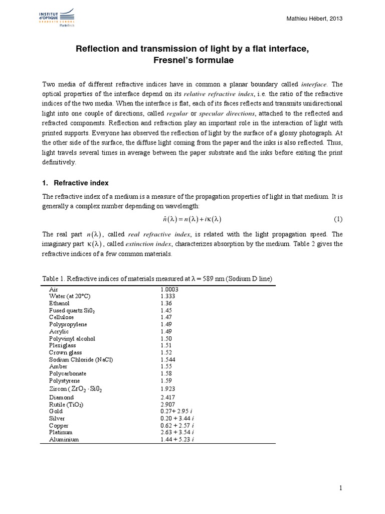 FresnelFormulae Hebert | PDF | Refractive Index | Refraction