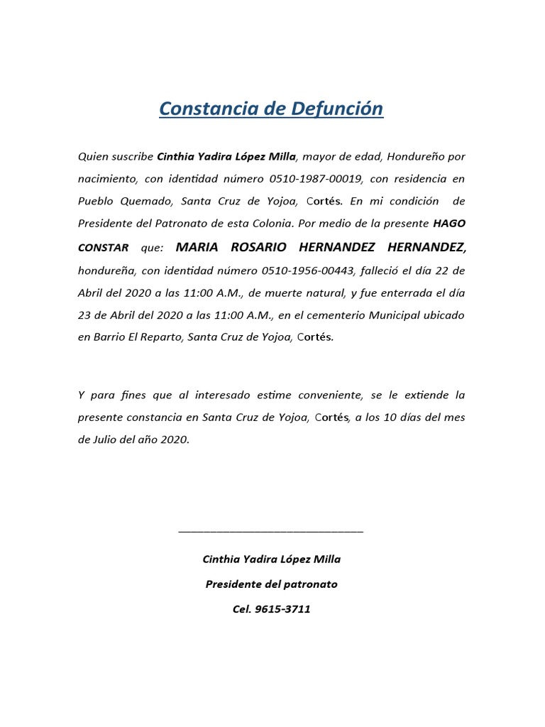 Constancia de Defunción en Honduras | PDF