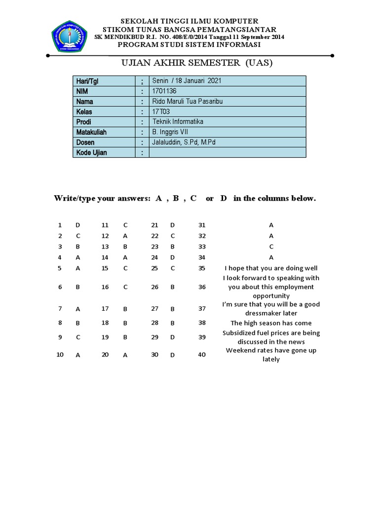 Answer Sheet UAS Ganjil, 17T03 | PDF