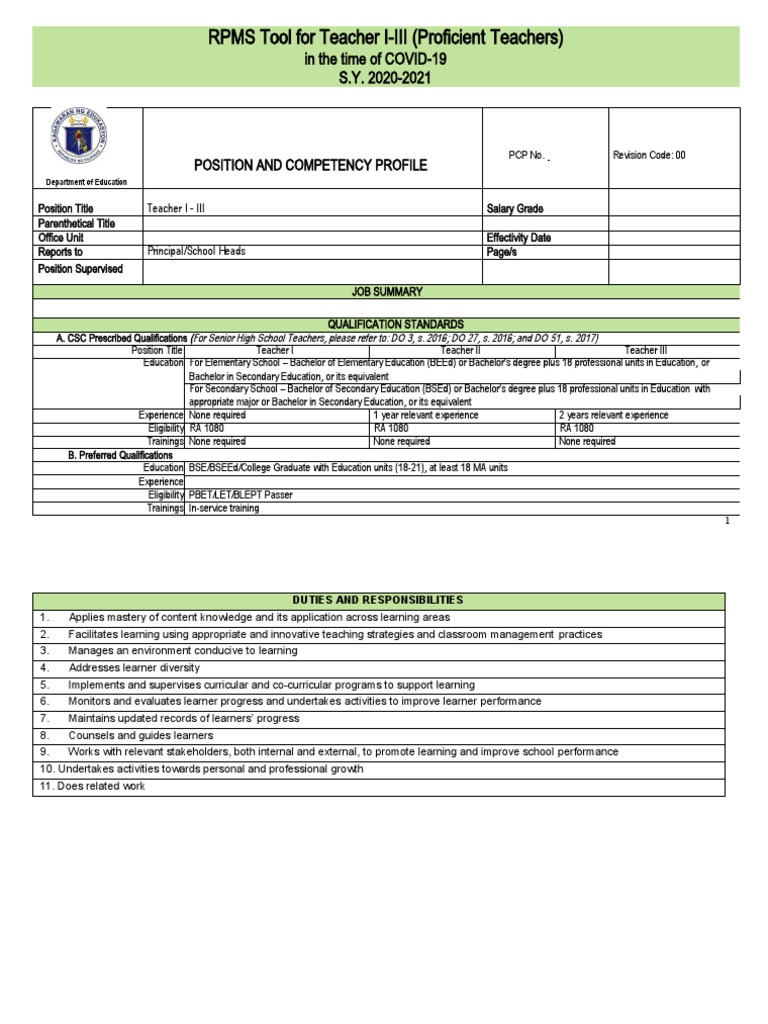 (Appendix 1) RPMS Tool For T I-III SY 2020-2021 in The Time of COVID-19 ...