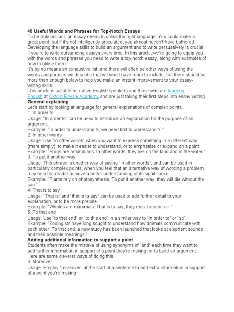 40 Useful Words and Phrases For Top | PDF | Essays | Argument