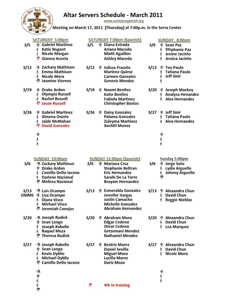 Altar Servers Schedule For March 2011 | PDF