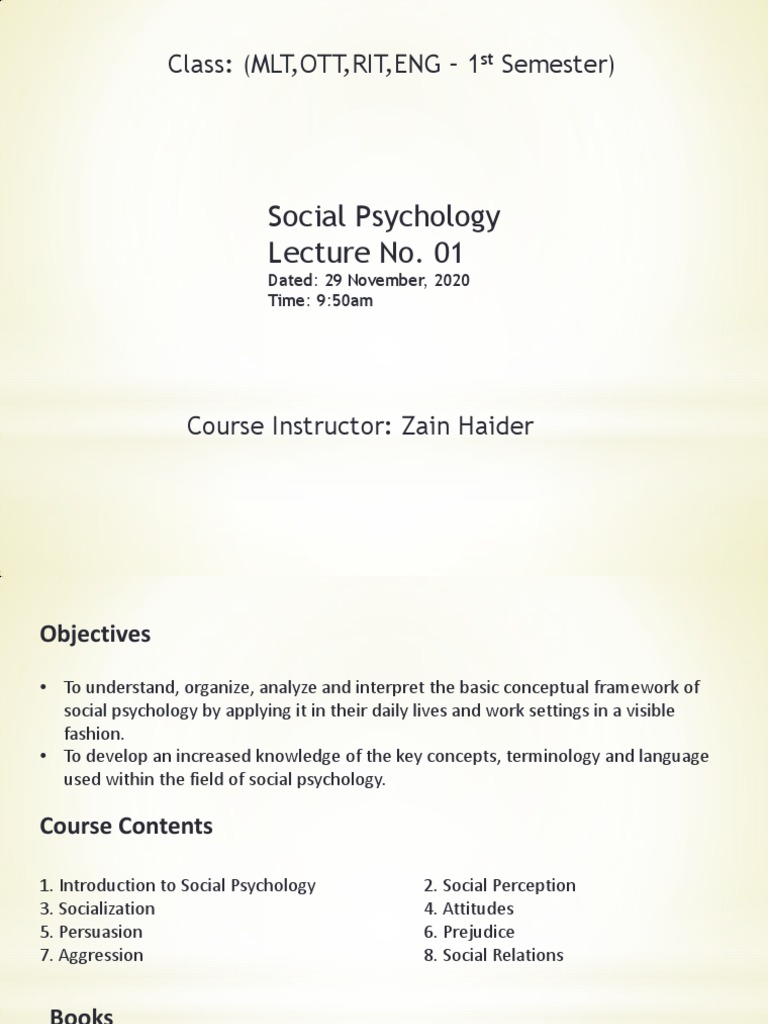 Social Psychology Lecture No. 01: Class: (MLT, OTT, RIT, ENG - 1 ...