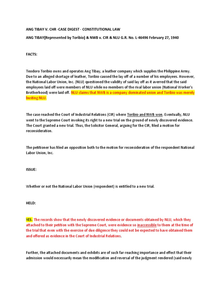 Ang Tibay V. CHR - Case Digest - Constitutional Law ANG TIBAY ...