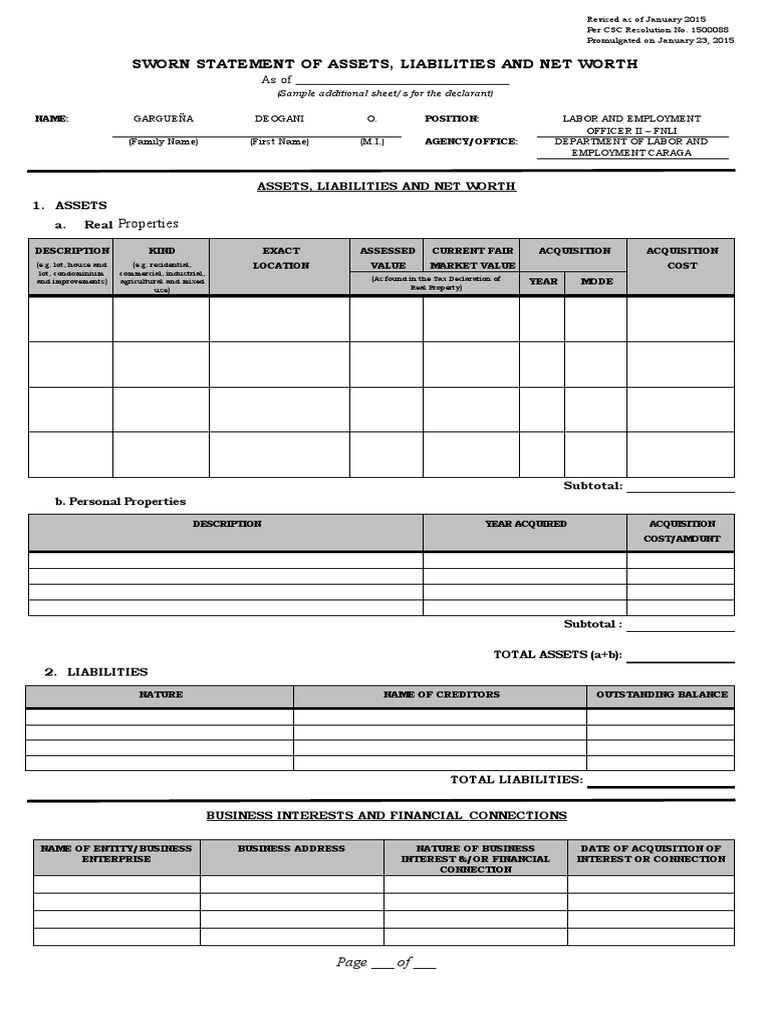 5.b. 2015 SALN Form Additional Sheet | PDF | Net Worth | Corporations
