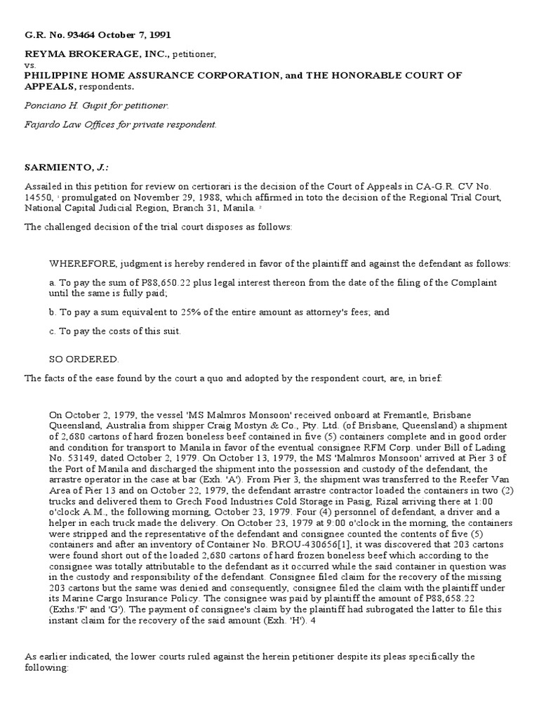 Reyma Brokerage Vs Phil. Home Insurance | PDF | Cargo | Bill Of Lading