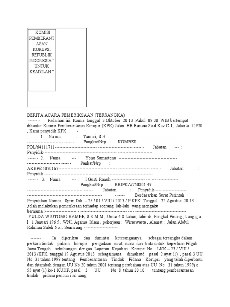 BAP Tindak Pidana Korupsi (Tugas Praktek Peradilan Pidana) | PDF