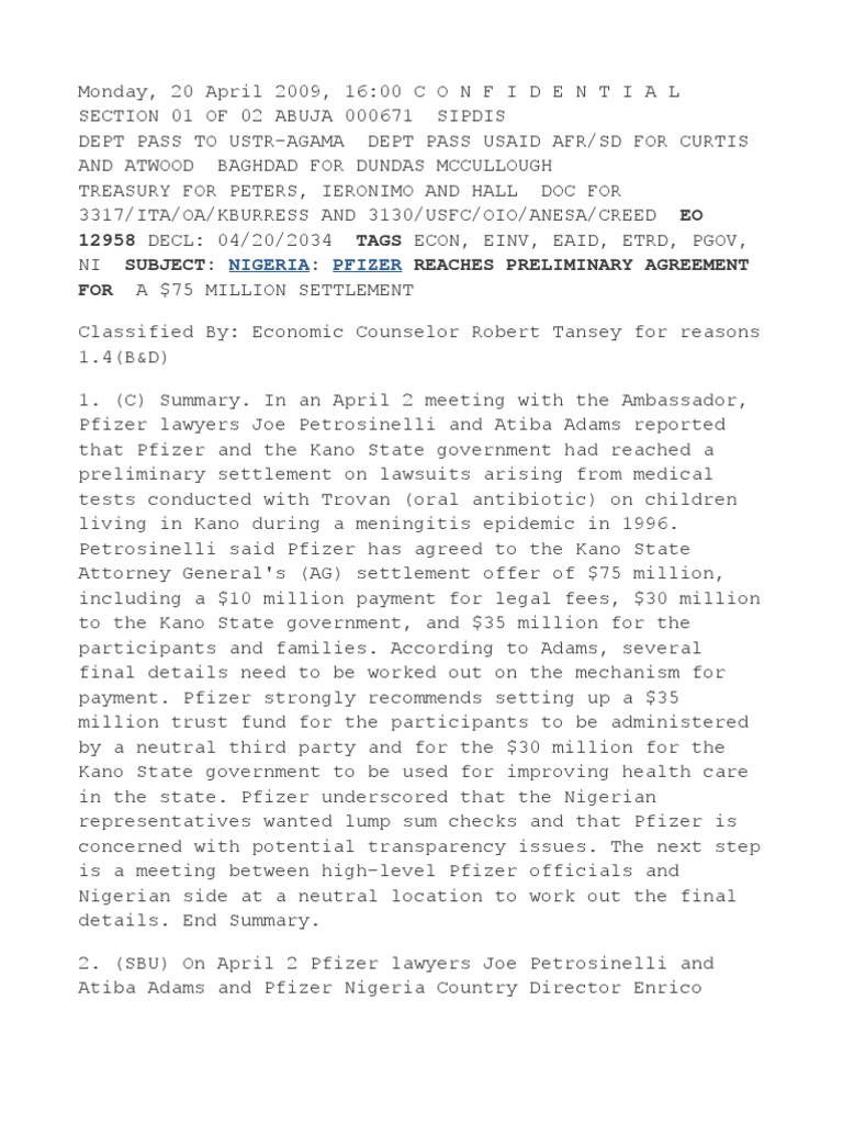 U.S. Embassy Cable On Pfizer Clinical Trials On Children, Their Murders ...