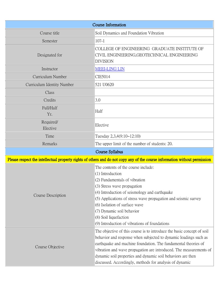 Soil Dynamics and Foundation Vibration - Course Information | PDF ...