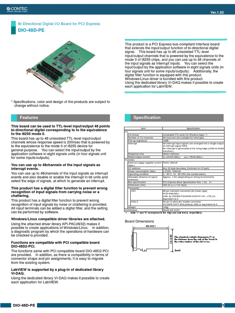 DIO-48D-PE: Bi-Directional Digital I/O Board For PCI Express | PDF | Input/Output | Electrical ...