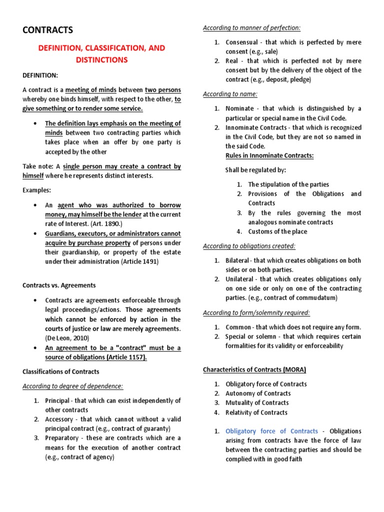 Contracts: Definition, Classification, and Distinctions | PDF | Offer ...