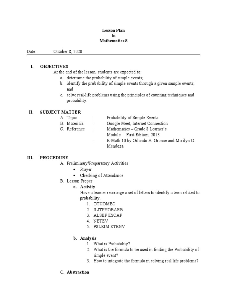 Probability of Simple Events: A Mathematics Lesson Plan for Grade 8 ...