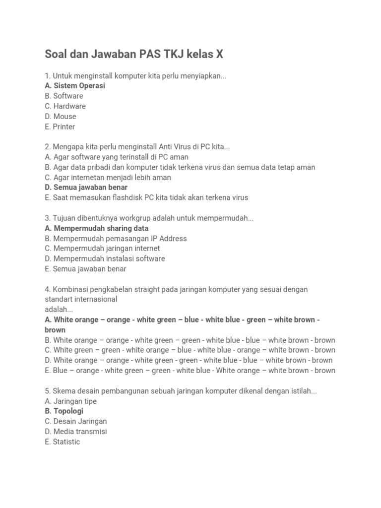 Soal Dan Jawaban PAS TKJ Kelas X | PDF