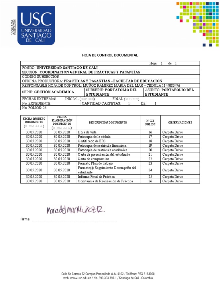 Hoja de Control Documental - Portafolio Del Estudiante - Consecutivo | PDF