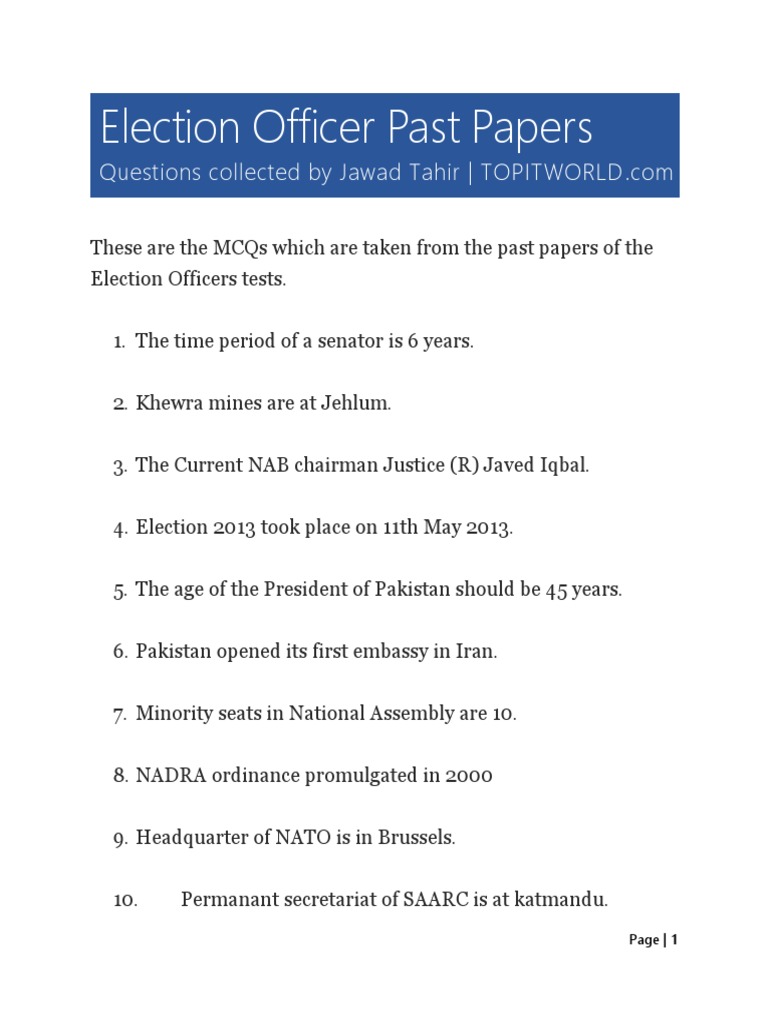Election Officer Past Papers Collection | PDF | Pakistan | South Asia