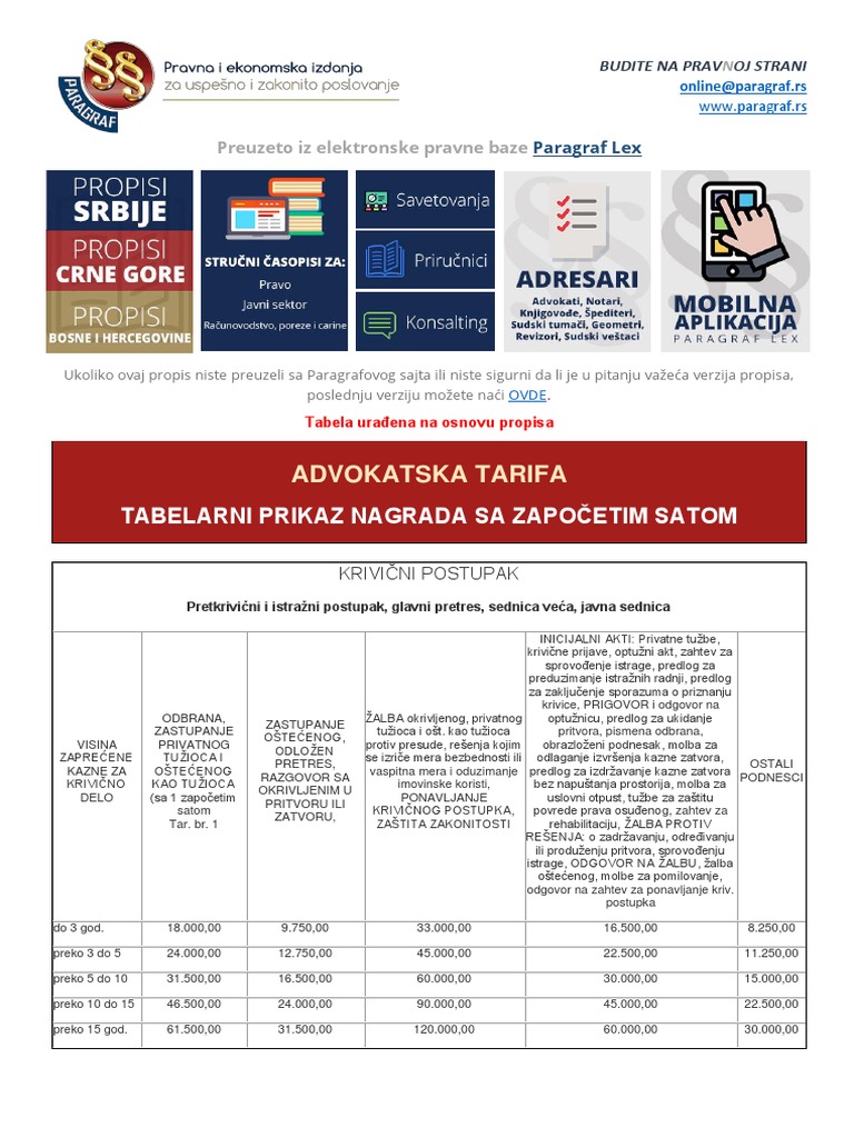 Advokatska Tarifa Tabelarni Prikaz Nagrada Sa Zapocetim Satom | PDF