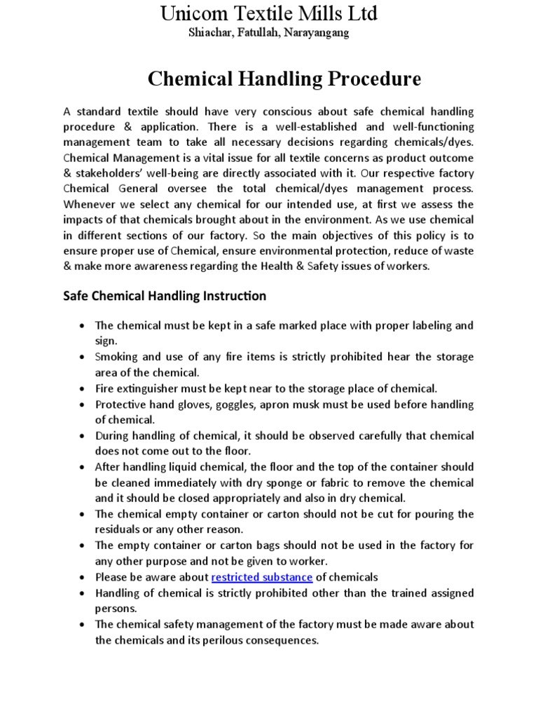 Chemical Handling Procedure | PDF | Personal Protective Equipment ...