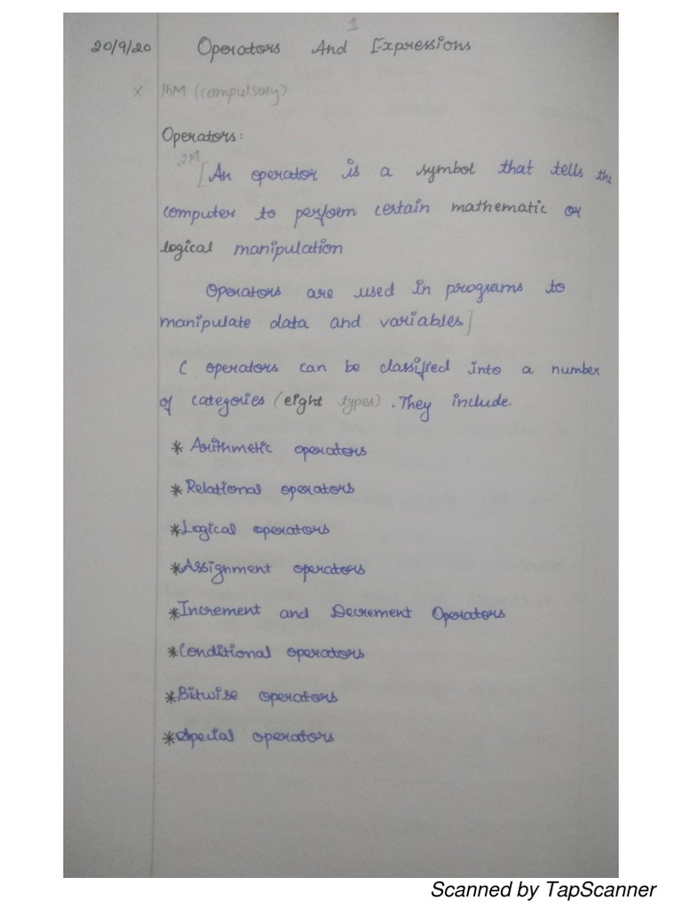 Notes For Operators in C | PDF