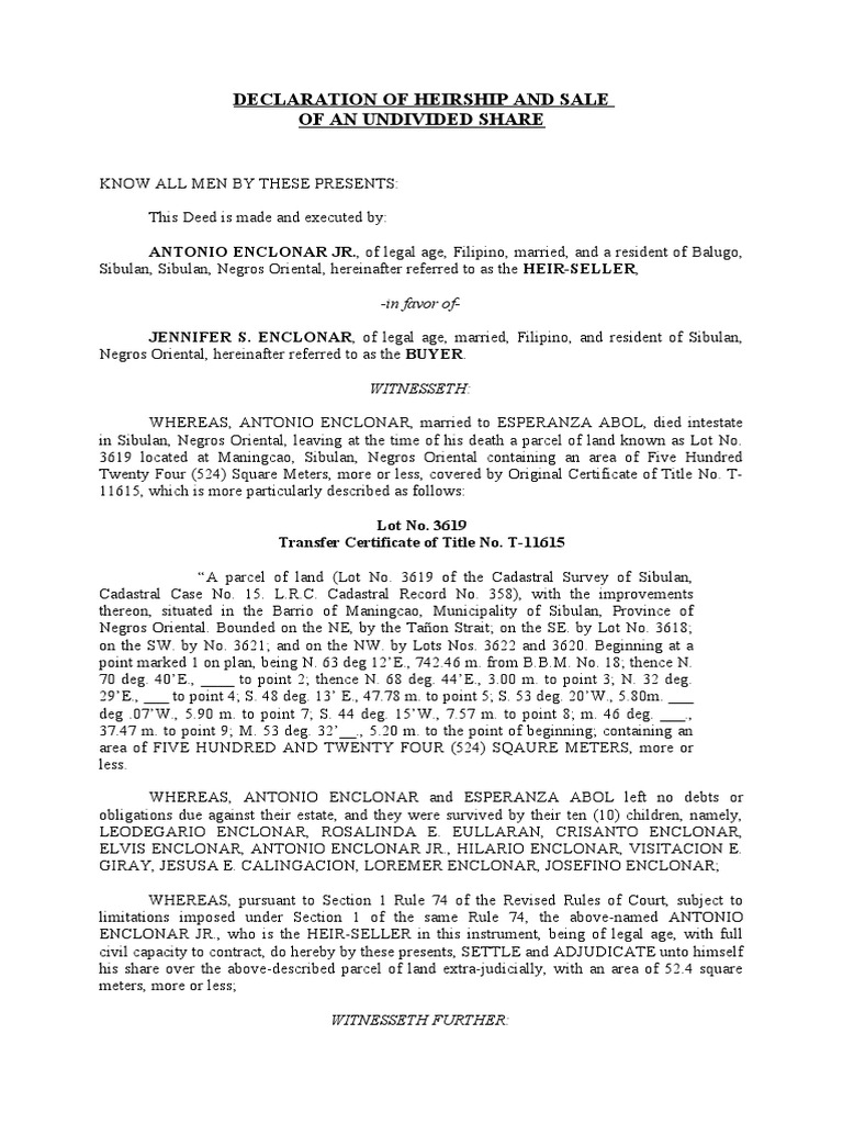 Declaration of Heirship and Sale - Enclonar | PDF | Natural Resources ... Declaration of Heirship and Sale - Enclonar | PDF | Natural Resources ...