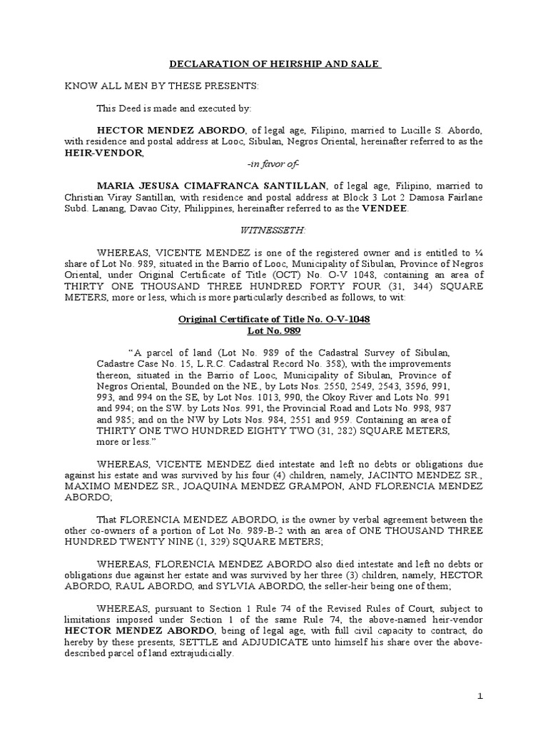 Declaration of Heirship and Sale - Abordo | PDF | Land Law | Private Law Declaration of Heirship and Sale - Abordo | PDF | Land Law | Private Law