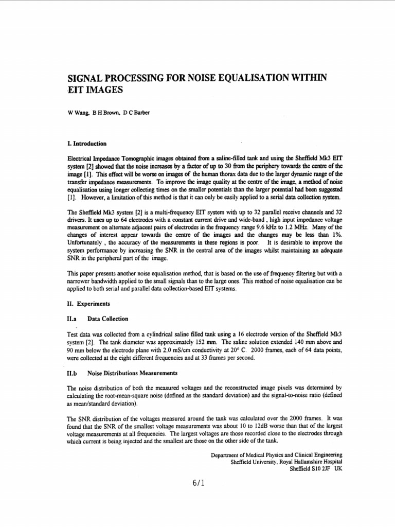 Signal Processing For Noise Equalisation Within - Eit Images: Wang | PDF | Signal To Noise Ratio ...