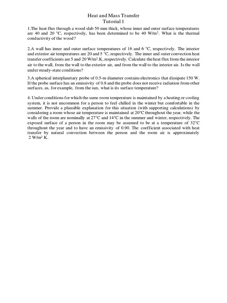 Heat and Mass Transfer Tutorial 1 | PDF