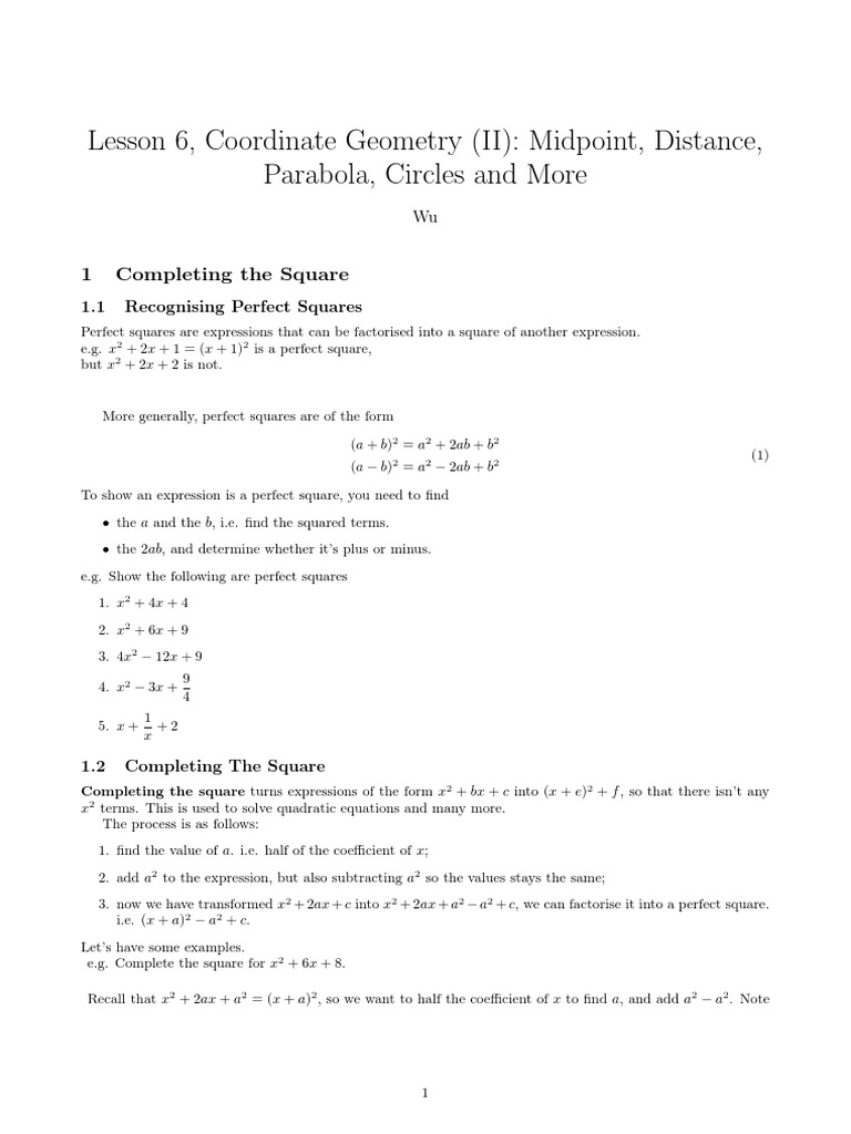 Lesson 6, Coordinate Geometry (II) : Midpoint, Distance, Parabola ...