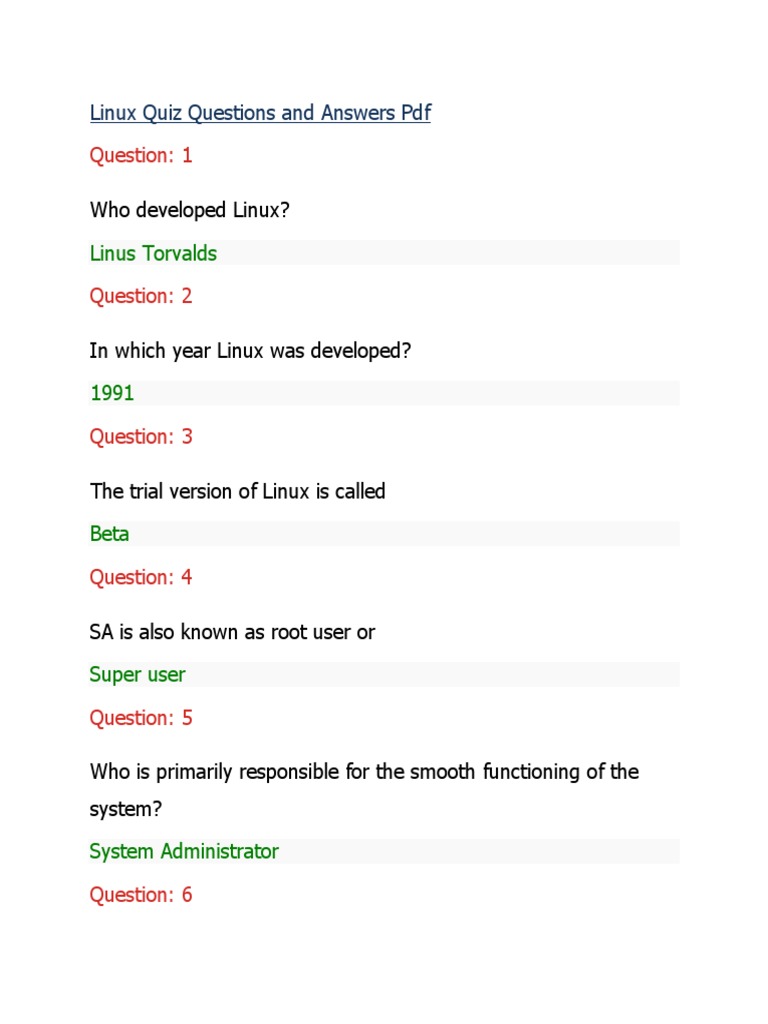 Linux Quiz Questions Answers | PDF