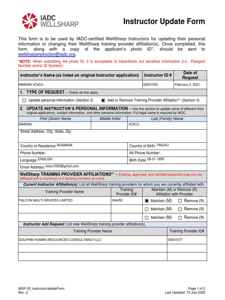 Instructor Update Form: Instructor's Name (As Listed On Original ...