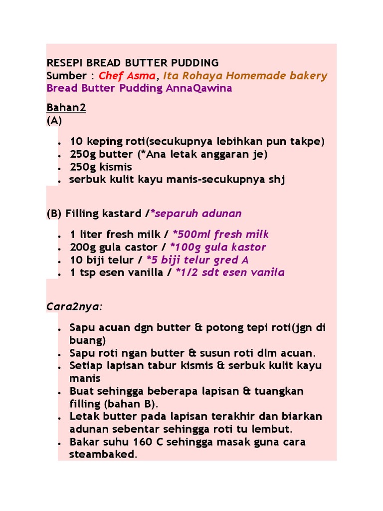 Resepi Bread Butter Pudding Mudah | PDF | Memasak, Makanan, & Anggur