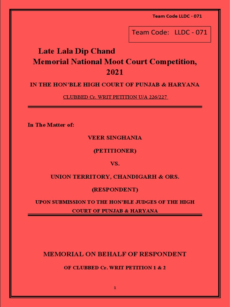 Respondent Memorial: Late Lala Deep Chand Moot Court Competition 2021 ...