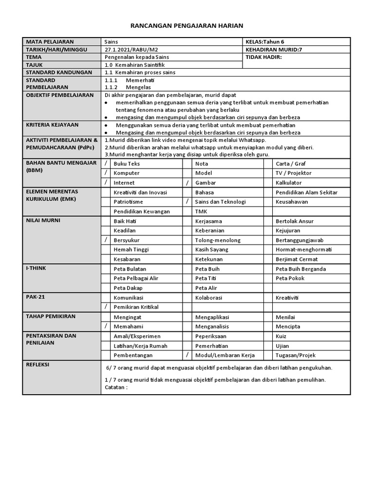 RPH Sains T6 UNIT 1 | PDF | Seni