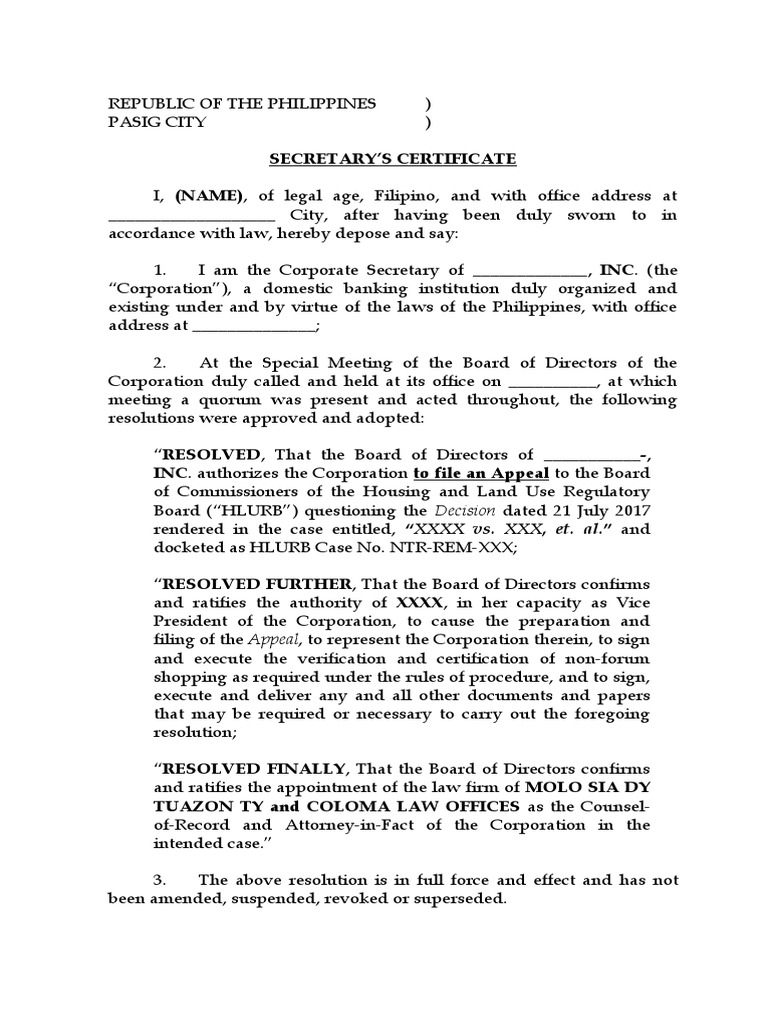 Secretary's Certificate - Filing of Case | PDF | Board Of Directors ...