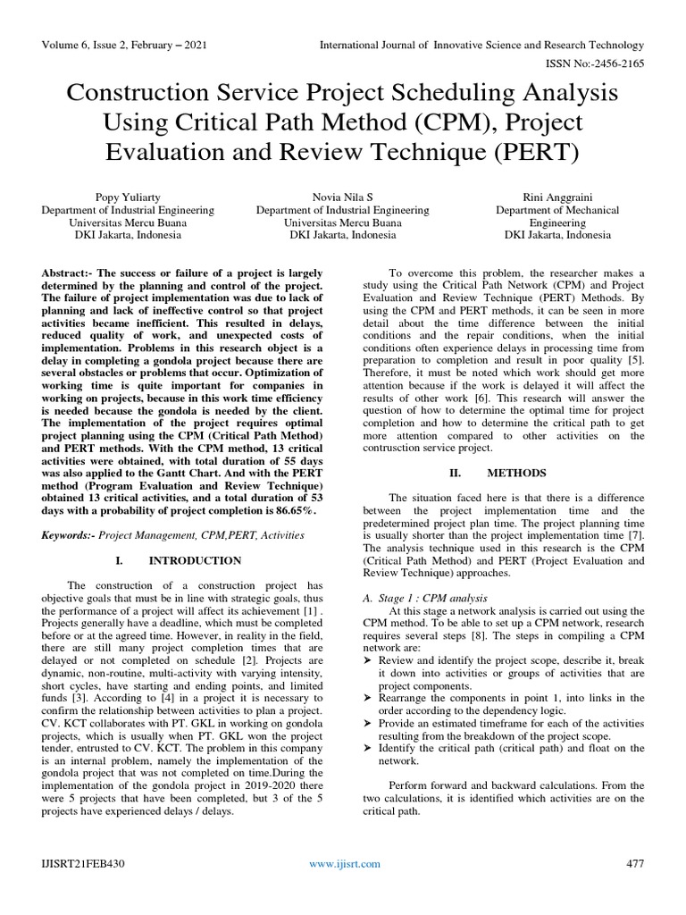 Construction Service Project Scheduling Analysis Using Critical Path Method (CPM), Project ...