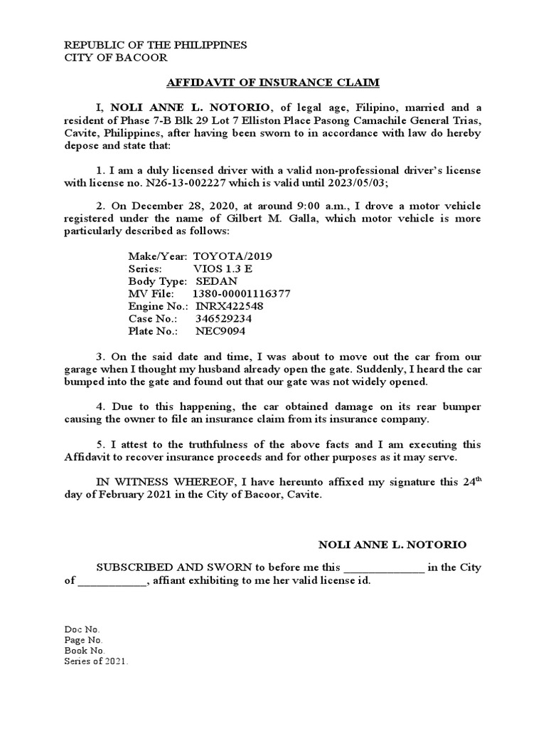 Affidavit of Damage Claim From Insurance | PDF