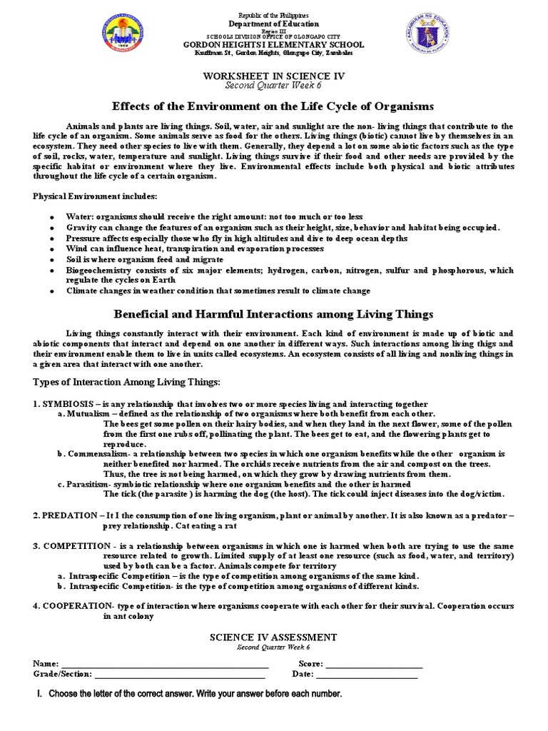 Effects of The Environment On The Life Cycle of Organisms: Worksheet in ...