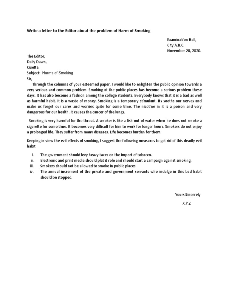 Write A Letter To The Editor About The Problem of Harm of Smoking | PDF