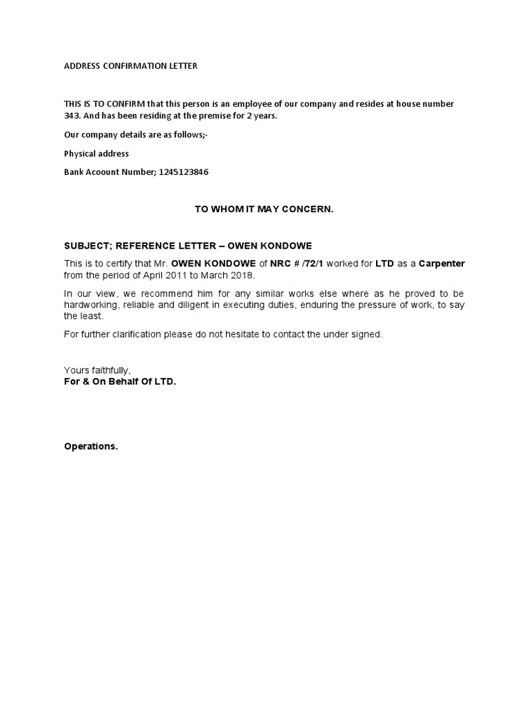 Address Verification Letter Format 12 Employment Verification Request