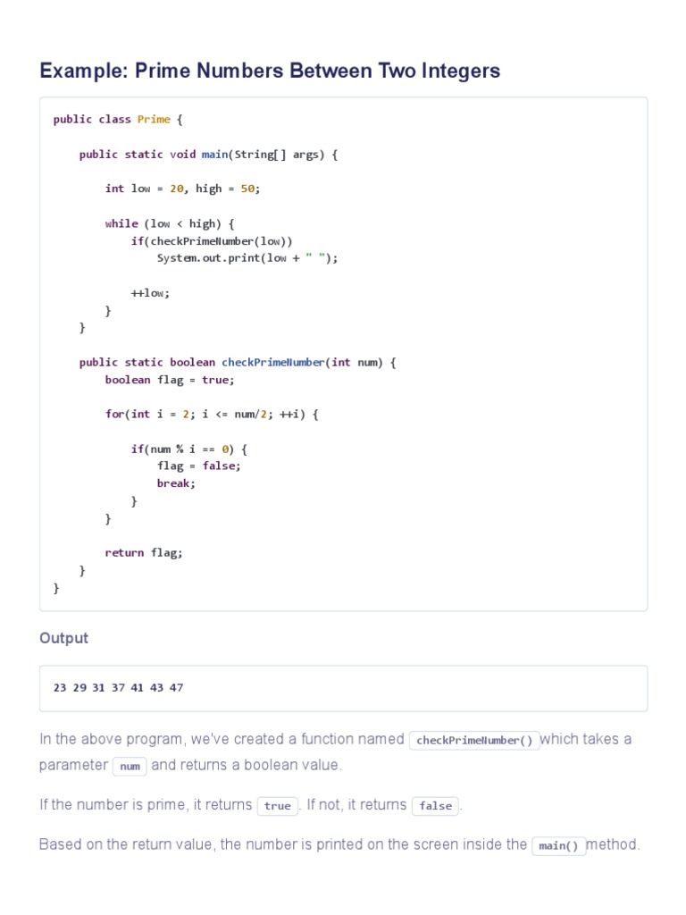 Java Program To Display Prime Numbers Between Intervals Using Function | PDF