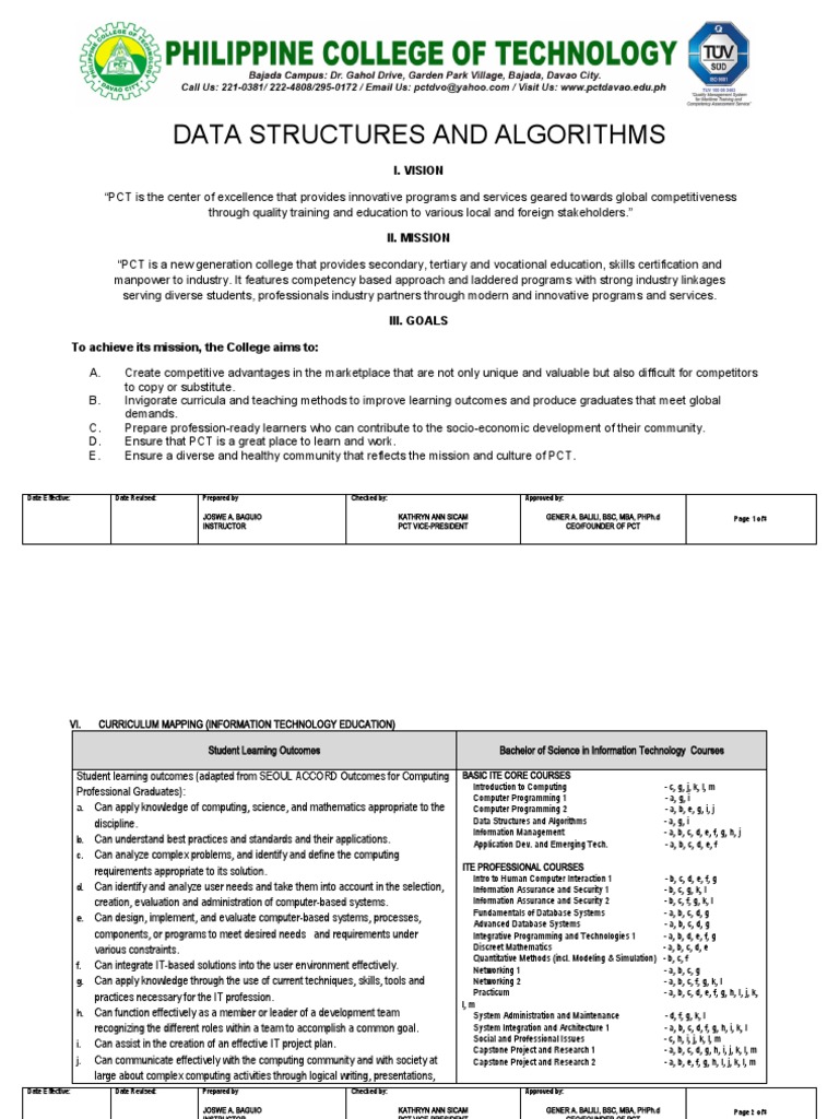 COURSE SYLLABUS (Data Structures and Algorithm) | PDF | System | Databases