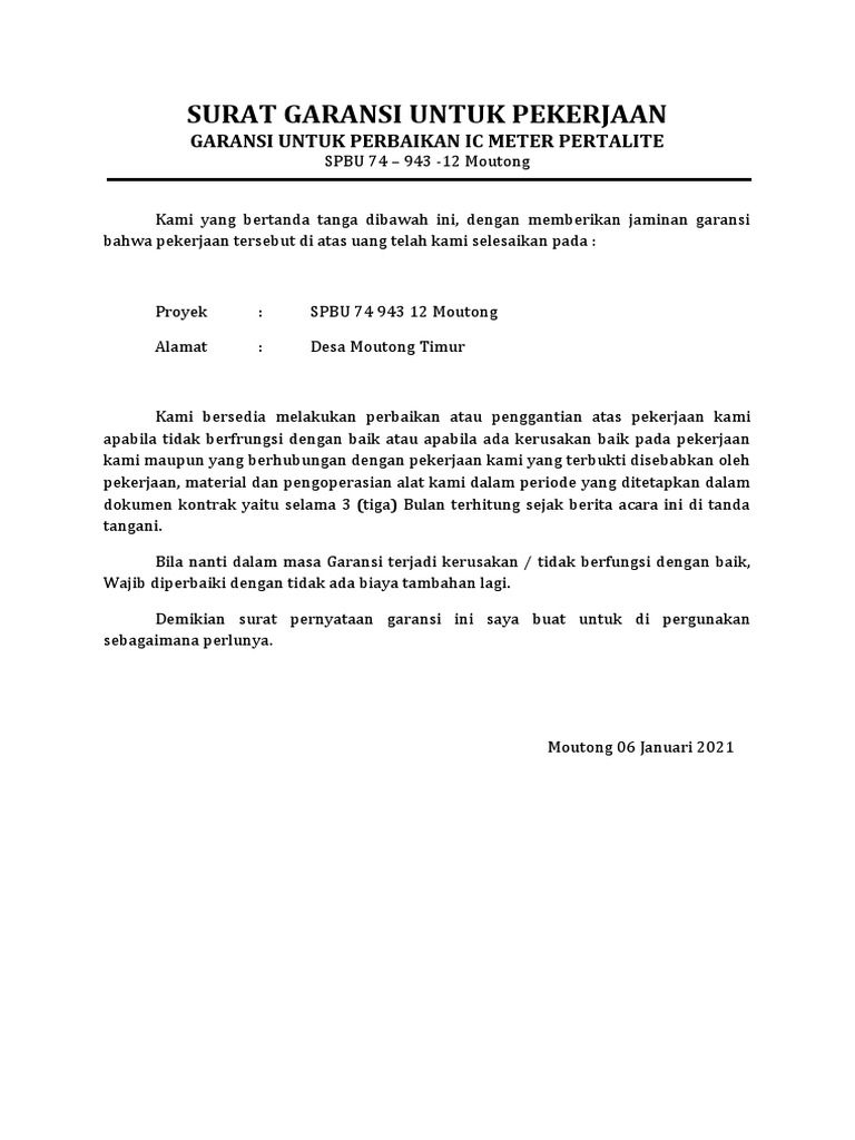 Surat Garansi Pekerjaan SPBU Moutong | PDF | Pengelolaan Keuangan ...