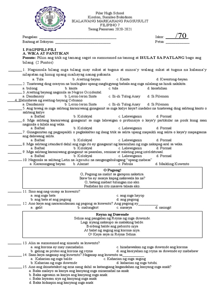 GRADE 7 2nd Quarter Exam FILIPINO | PDF