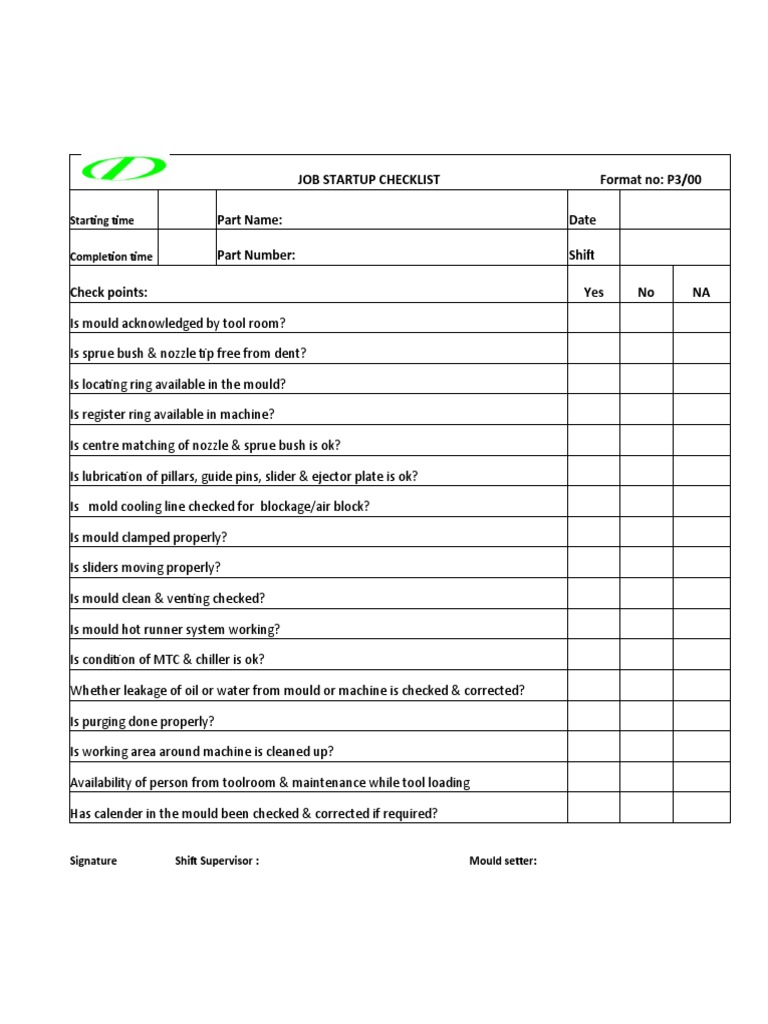 Job Startup Checklist Format No: P3/00 Part Name: Date Part Number ...