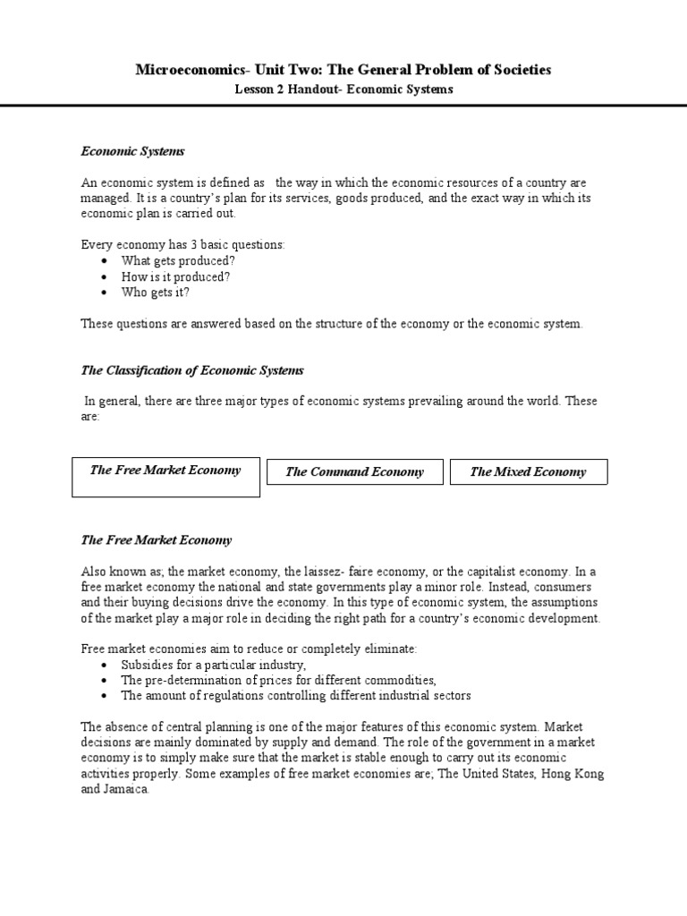 Microeconomics Handout - Economic Systems | PDF | Market Economy ...