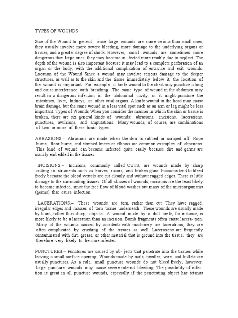 Types of Wounds | PDF | Wound | Traumatology