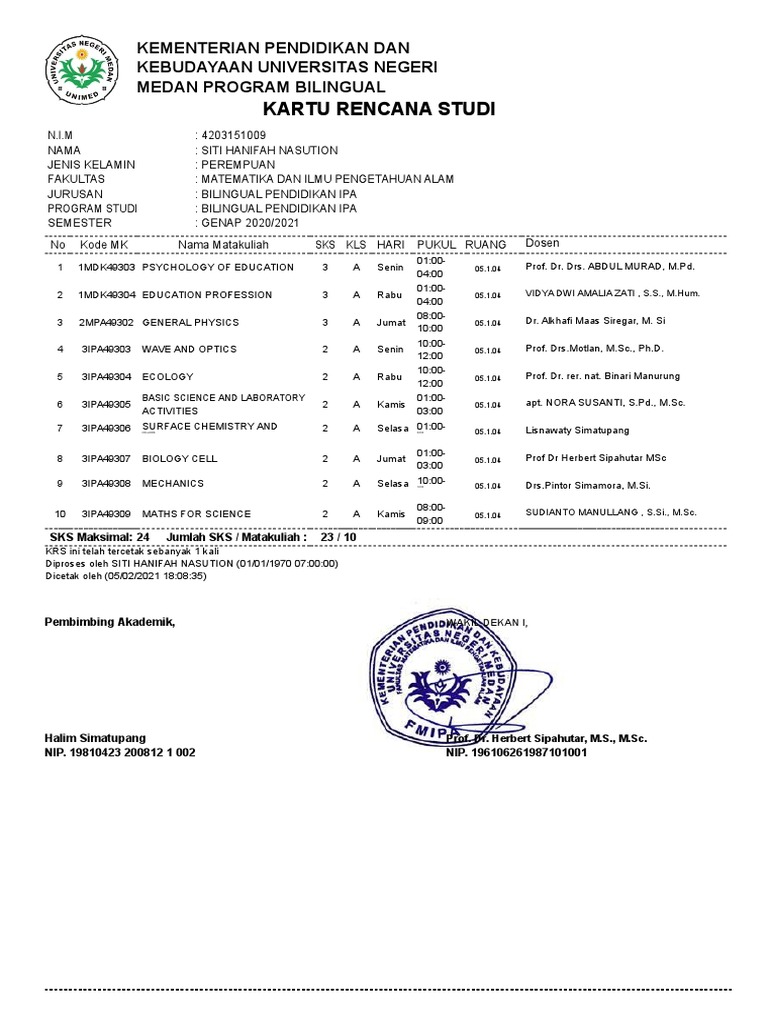 Kartu Rencana Studi (KRS) - Siti Hanifah Nasution | PDF | Teknologi & Rekayasa