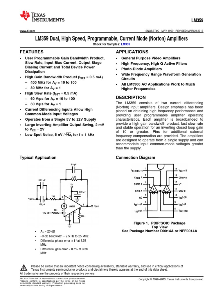 LM359 Dual, High Speed, Programmable, Current Mode (Norton) Amplifiers ...