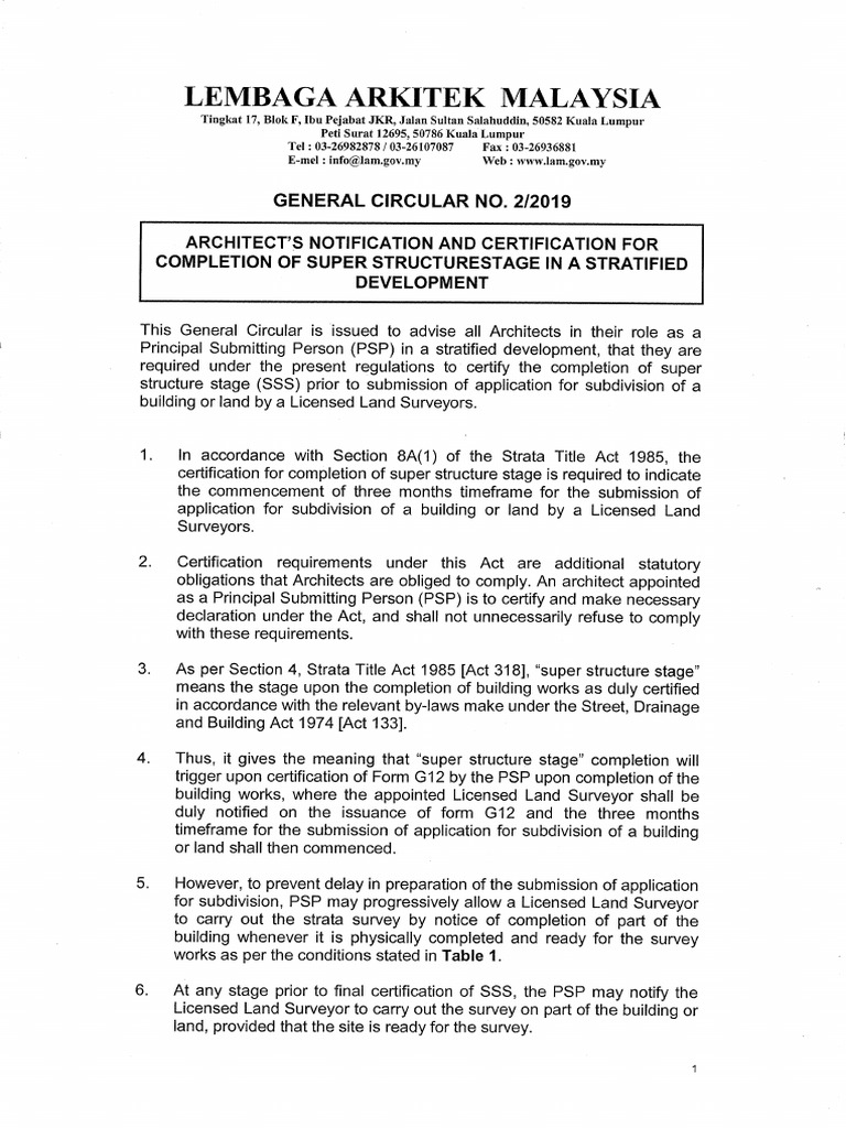 LAM Gen Circular 2/2019 Architect Certification of SSS For Strata Dev | PDF