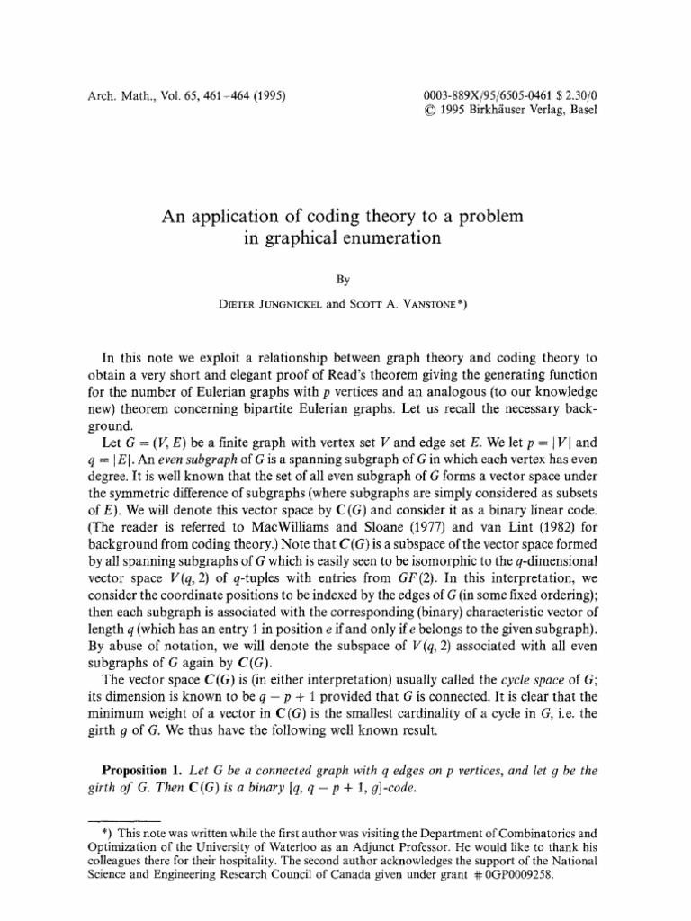 An Application Of Coding Theory To A Problem Pdf Vertex Graph Theory Vector Space 